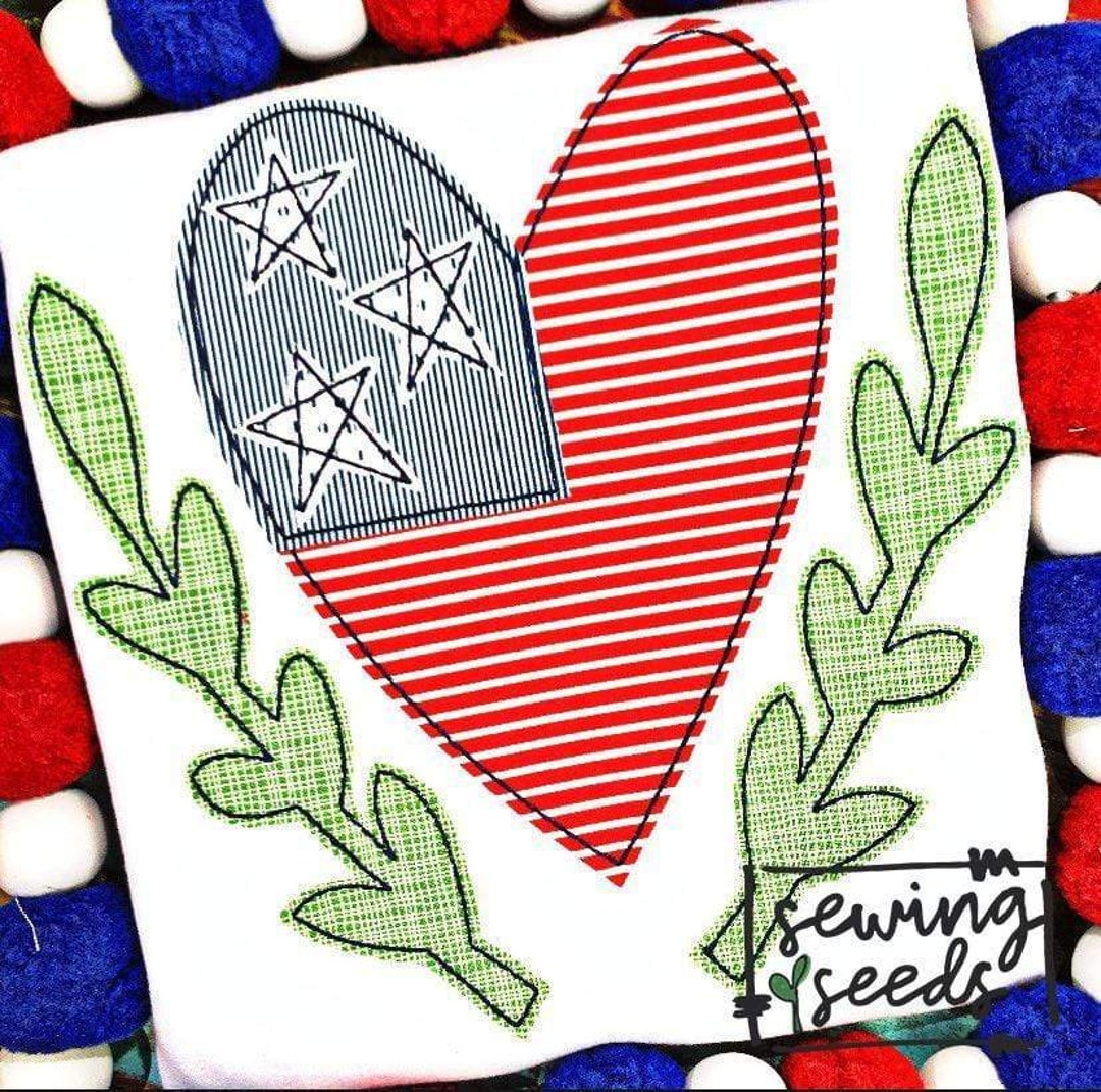 Patriotic Heart Flag With Wreath Applique Embroidery Machine Instant ...