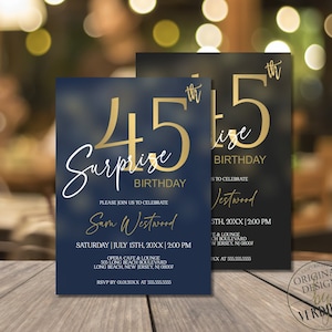 Surprise 45th Birthday Invitations for Men, Vintage 45th Birthday Party ...