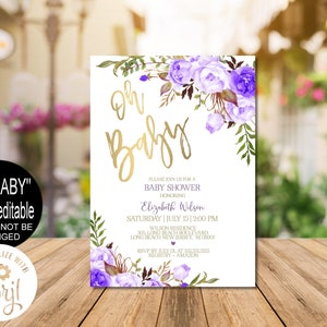 Purple Baby Shower Invitation Template, Purple Gold Floral Baby Shower Invite, Oh Baby ...
