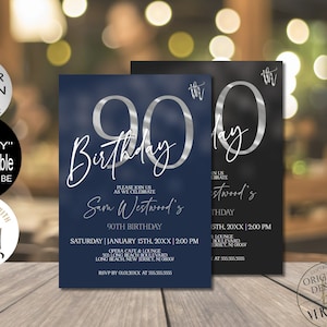 90th Birthday Invitation for Men Silver 90th Birthday Party Invitation ...