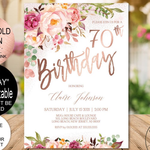 Editable Floral 70th Birthday Party Invitation Download Etsy