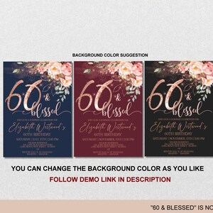 60 & Blessed 60th Birthday Invitations for Women, Blush Pink Rose Gold ...