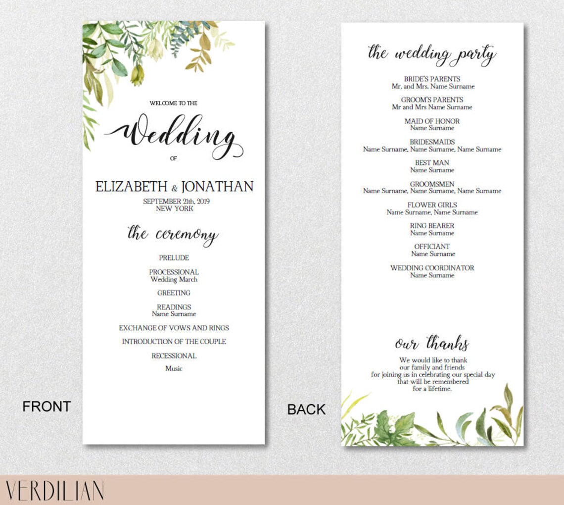 Green Leaves Wedding Program Printable Wedding Program - Etsy