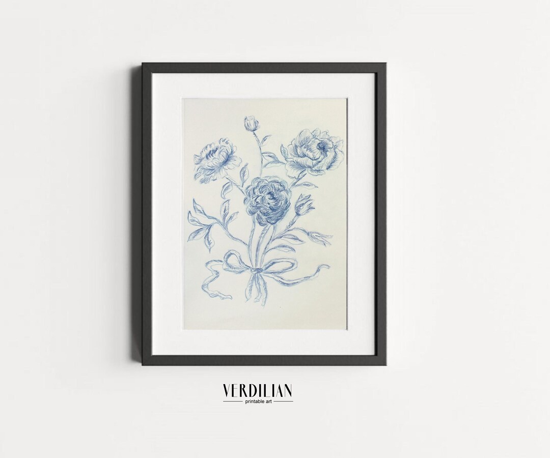 Blue Botanical Sketch Printable Art Prints Wall Decor, Blue Floral ...