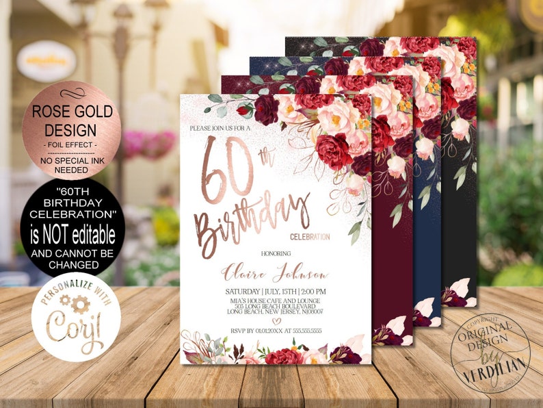 60th Birthday Invitation for Women Burgundy Rose Gold Floral - Etsy