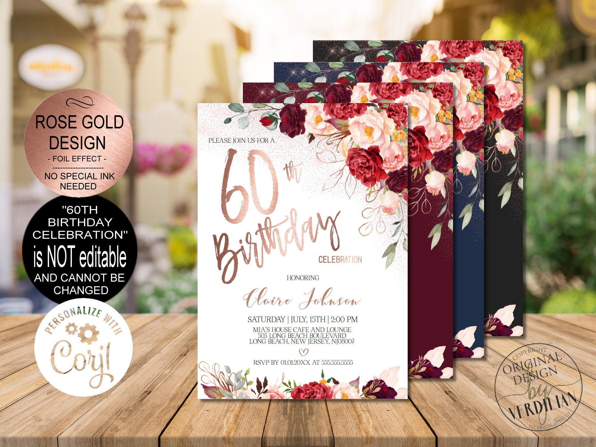 60th Birthday Invitation for Women Burgundy Rose Gold Floral - Etsy