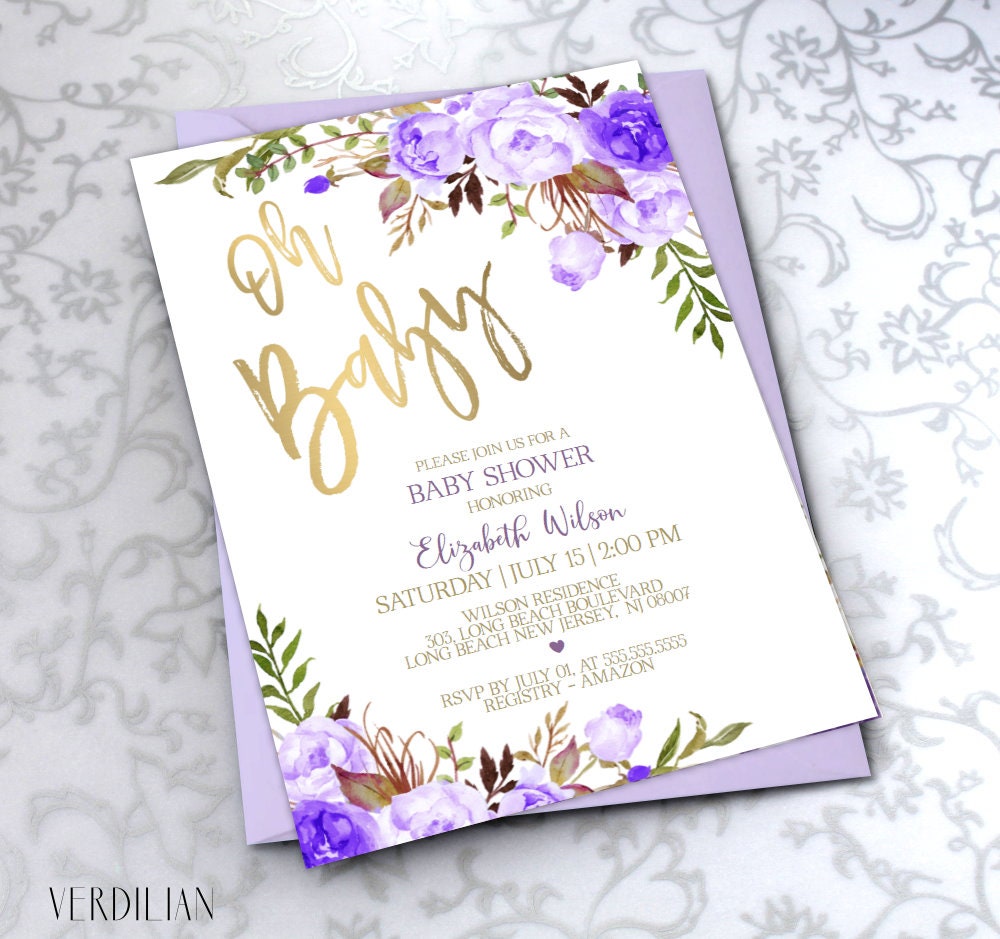 Purple Baby Shower Invitation Template Purple Gold Floral - Etsy