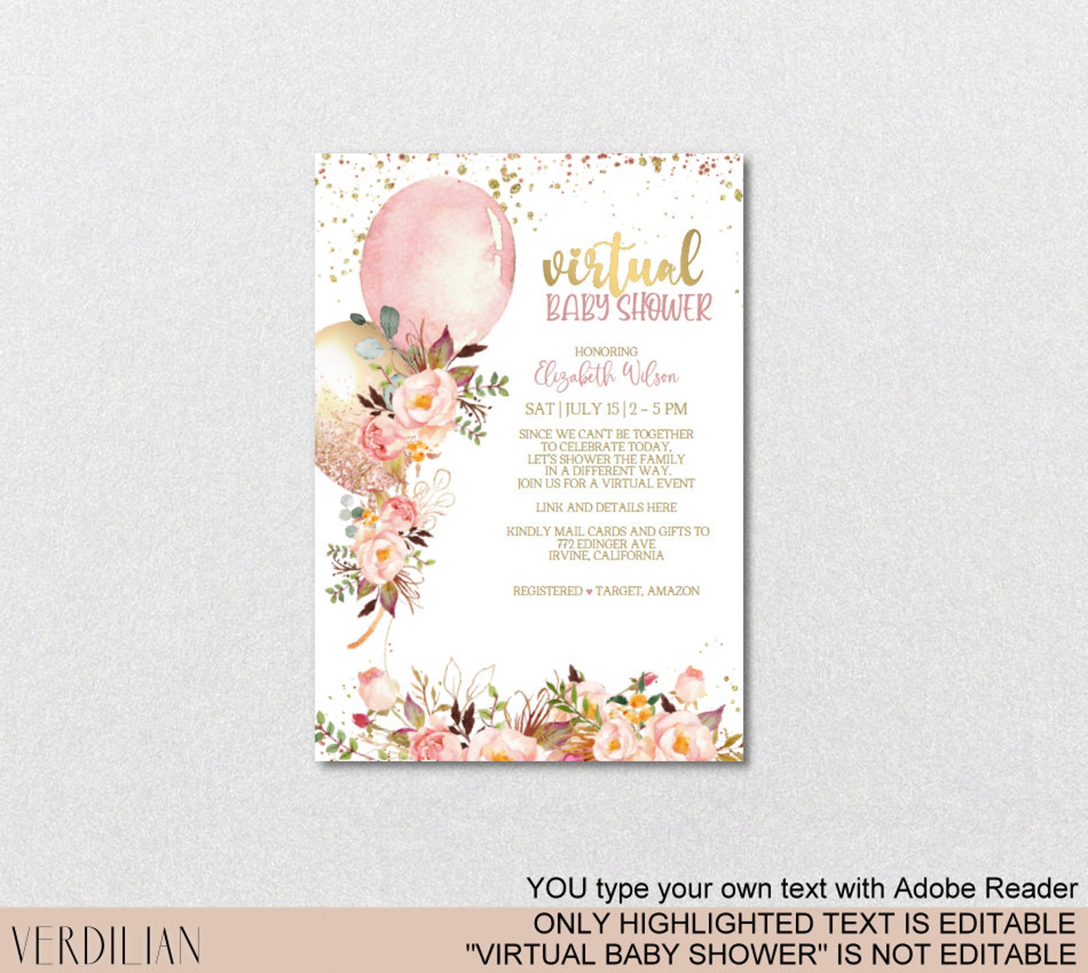 Virtual Baby Shower Invitation Template Pink and Gold | Etsy