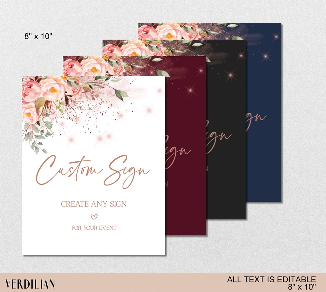 Custom Sign Printable Template, 8"x10" Rose Gold Blush Floral Printable ...