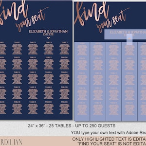Navy Rose Gold Wedding Seating Chart Printable Template,9 Versions ...