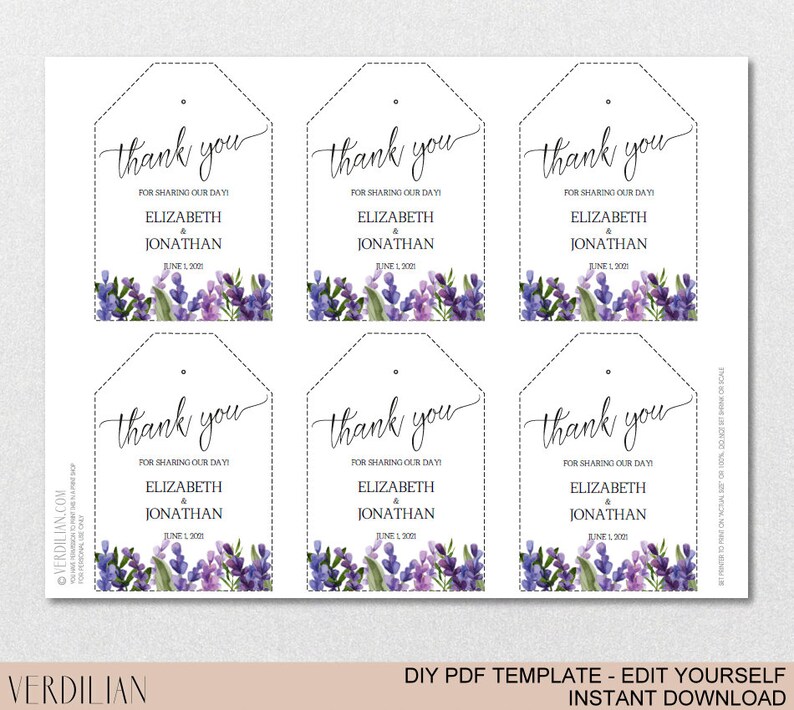 Wedding Favor Tags Template Lavender Wedding Thank You Tag - Etsy