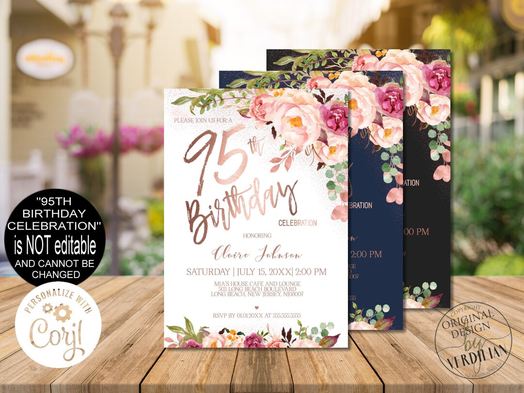 95th Birthday Invitation for Women, Digital Blush Pink Rose Gold Floral ...