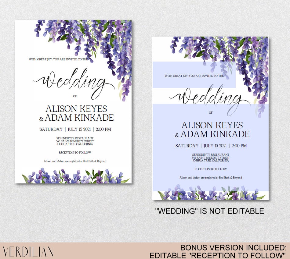 Lavender Wedding Invitation Template Set-Purple Flowers | Etsy