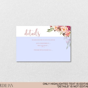 Blush Floral Details Card Editable Template - 3 Versions Printable ...