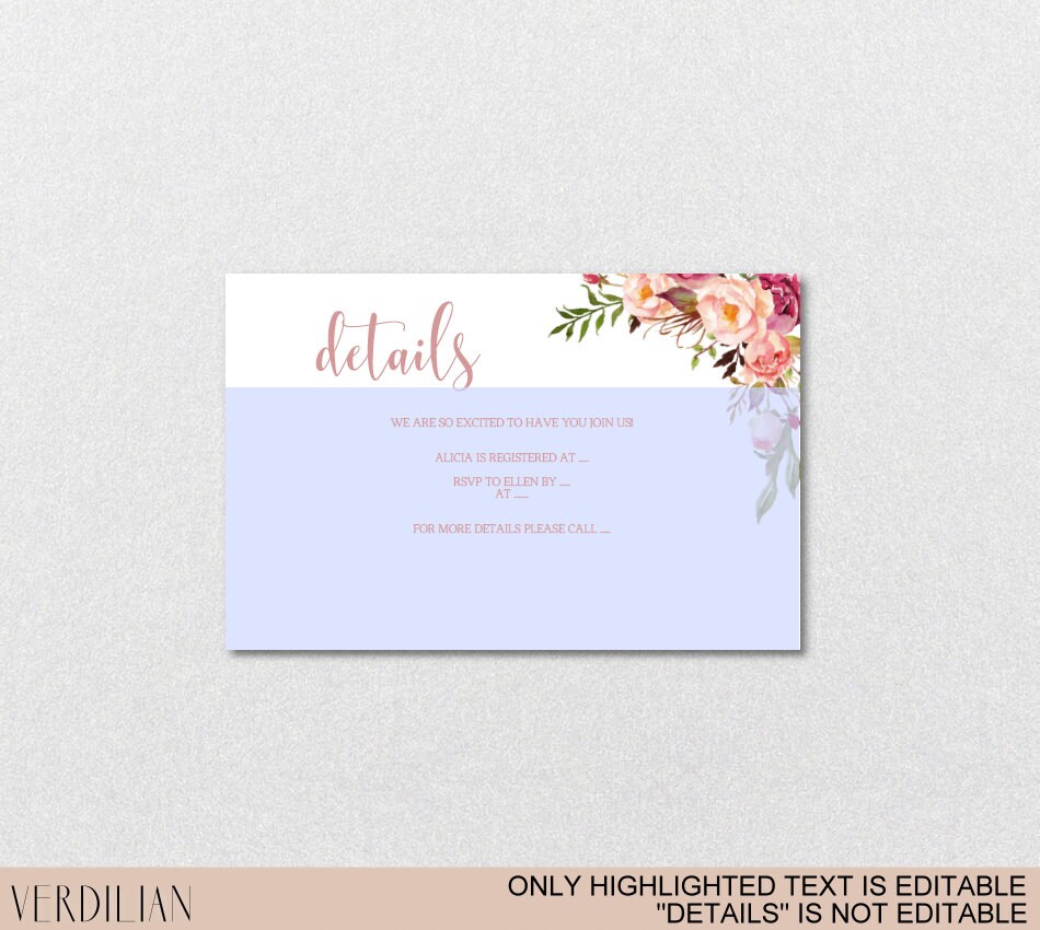 Blush Floral Details Card Editable Template 3 Versions - Etsy