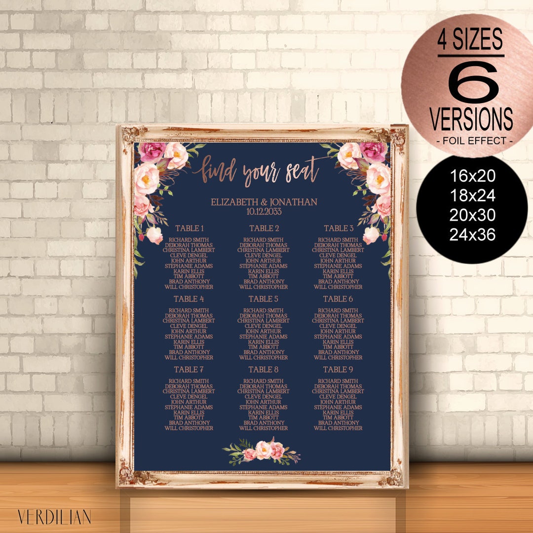 Pink Navy Rose Gold Wedding Seating Chart Printable Template,6 Versions ...