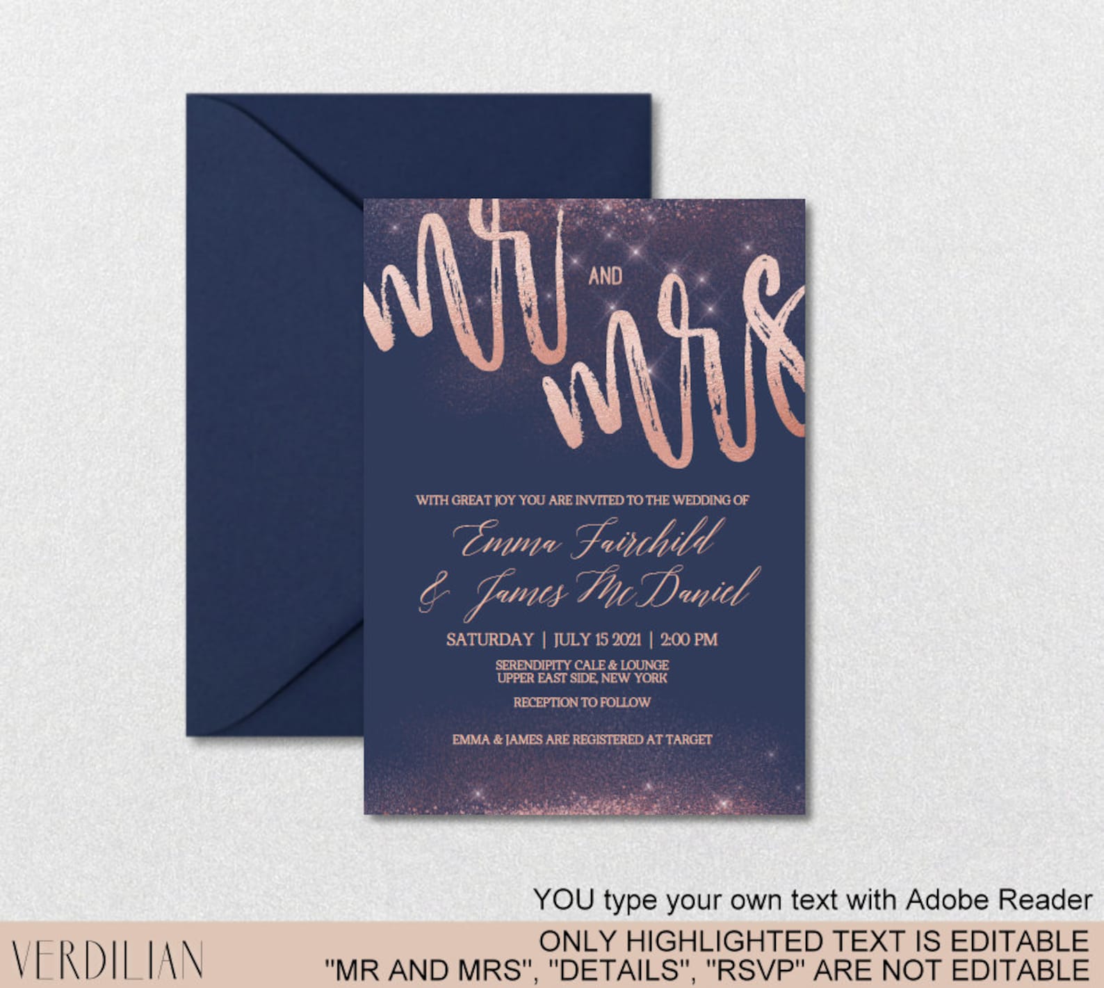 Navy Rose Gold Wedding Invitation Template Set DIY Printable - Etsy