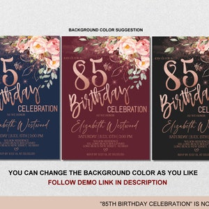 85th Birthday Invitations for Women, Digital Rose Gold Floral 85th ...