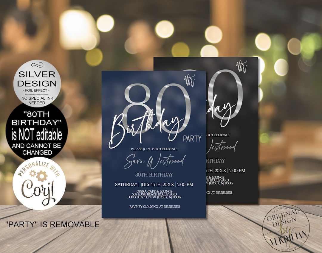 80th Birthday Invitation for Men Silver 80th Birthday Party Invitation ...