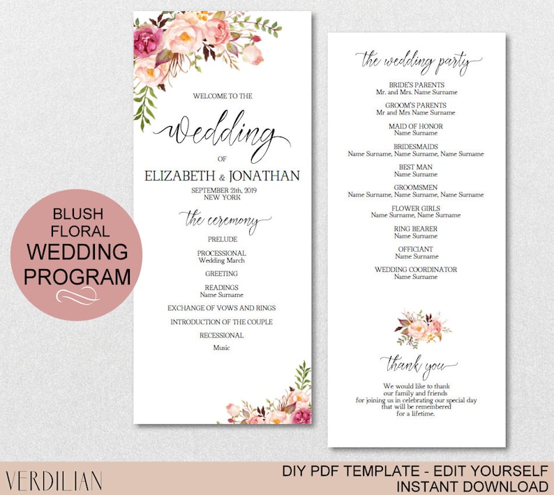 Blush Floral Wedding Program Printable Template DIY Editable - Etsy