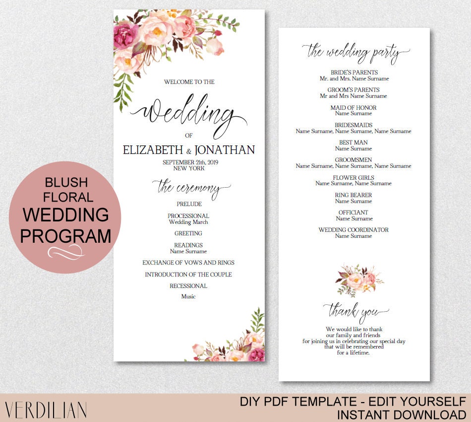 Blush Floral Wedding Program Printable Template DIY Editable | Etsy