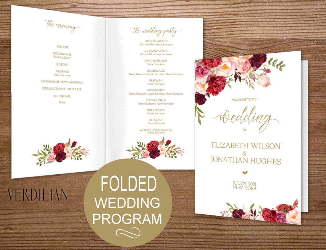 Folded Wedding Program Template Wedding Program Printable - Etsy
