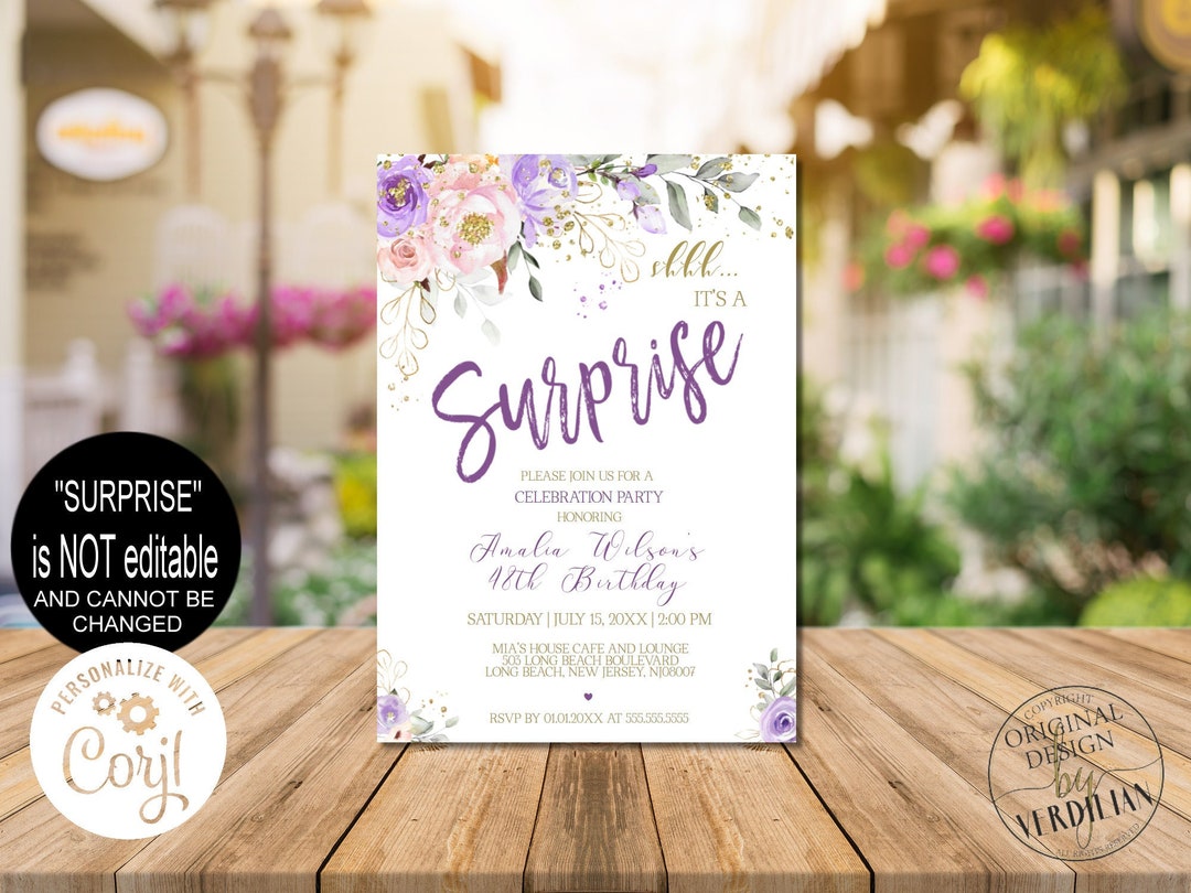 Surprise Purple Birthday Invitation for Women, Purple Pink Gold ...