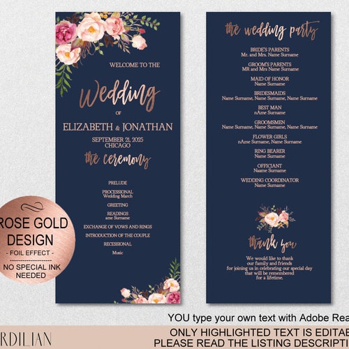 Navy Gold Wedding Program Printable Blush Floral Program - Etsy