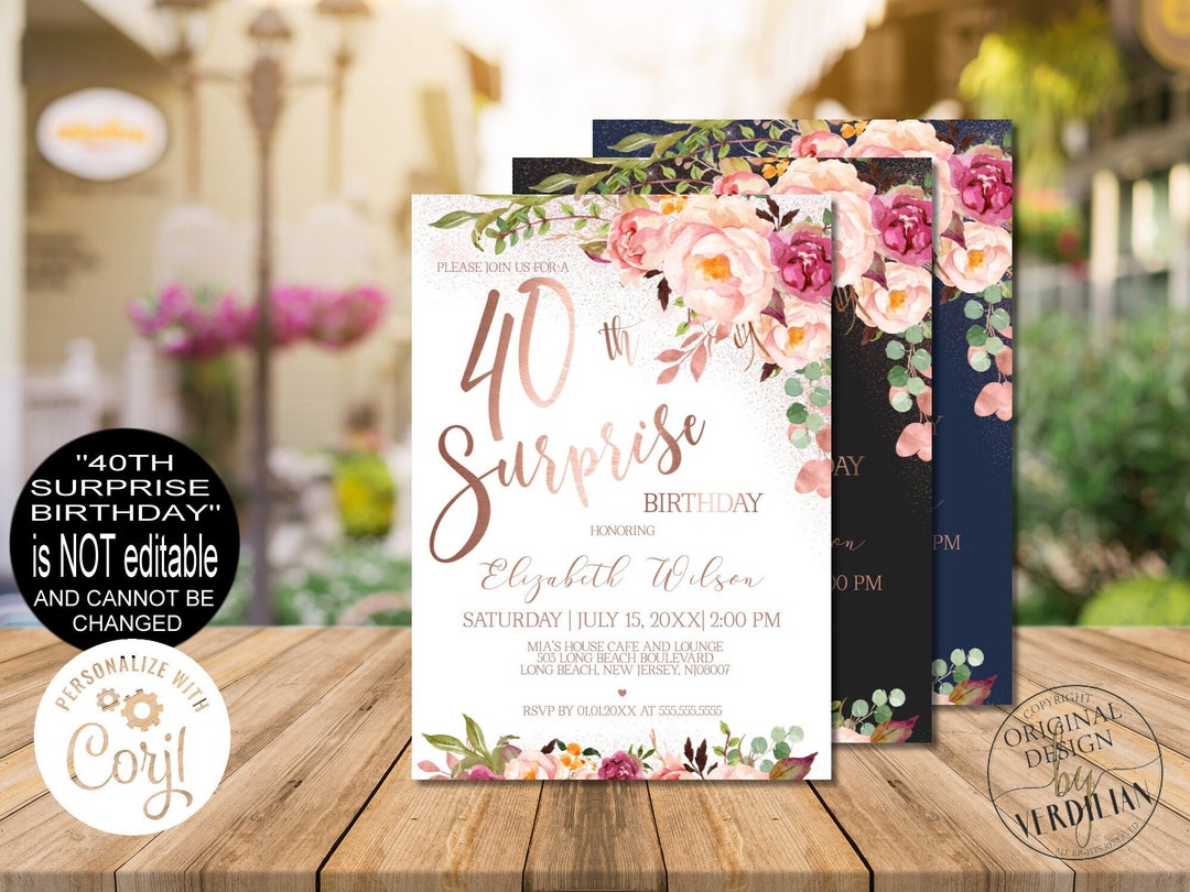 Surprise 40th Birthday Invitations for Women, Rose Gold Floral Surprise ...