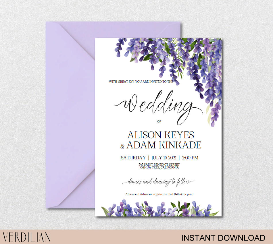 Lavender Wedding Invitation Template Set-Purple Flowers | Etsy