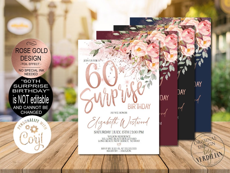 Surprise 60th Birthday Invitations for Women Rose Gold Floral - Etsy