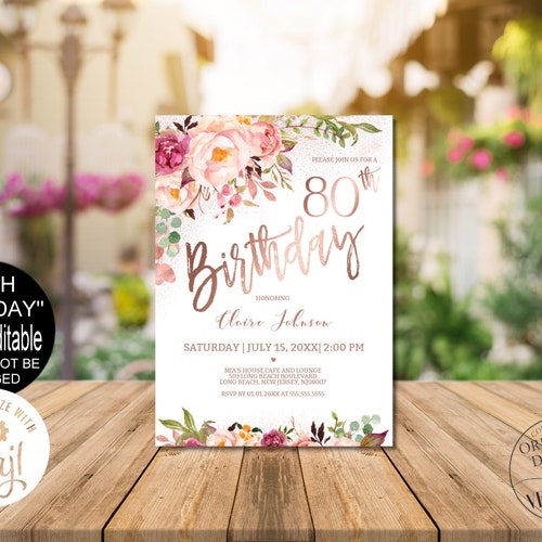 80th Birthday Invitation For Women Digital Blush Pink Rose Etsy