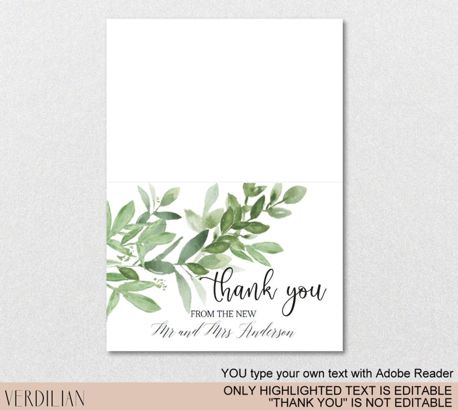 DIY Greenery Thank You Card Template Rustic Printable Folded | Etsy