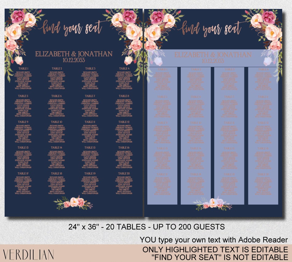 Pink Navy Rose Gold Wedding Seating Chart Printable Template6 - Etsy