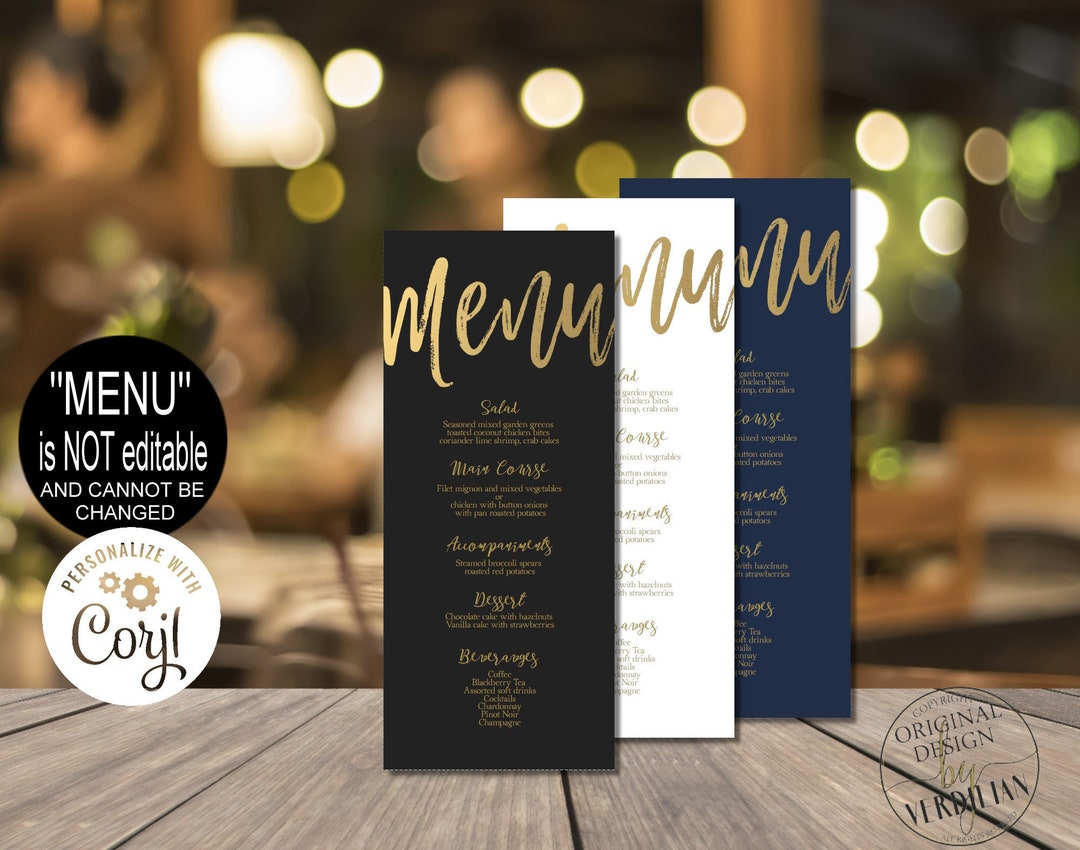 Black and Gold Menu Template, Black and Gold Dinner Menu, Dinner Party ...