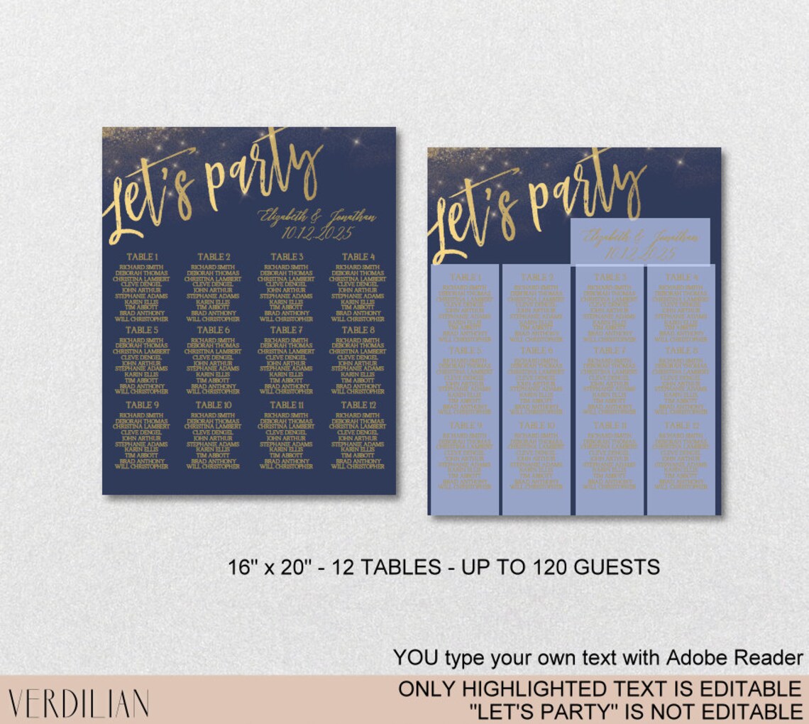 DIY Wedding Seating Chart Printable Template 7 Versions Navy | Etsy
