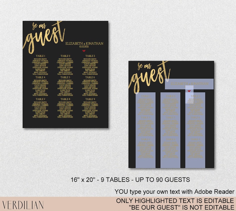 Be Our Guest Seating Chart Printable Template Black Gold | Etsy