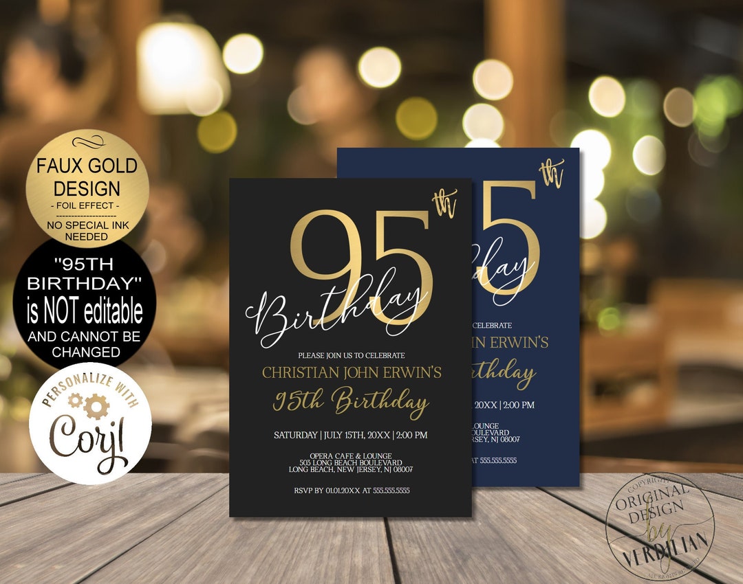 95th Birthday Invitations for Men 95th Birthday Party Invitation ...