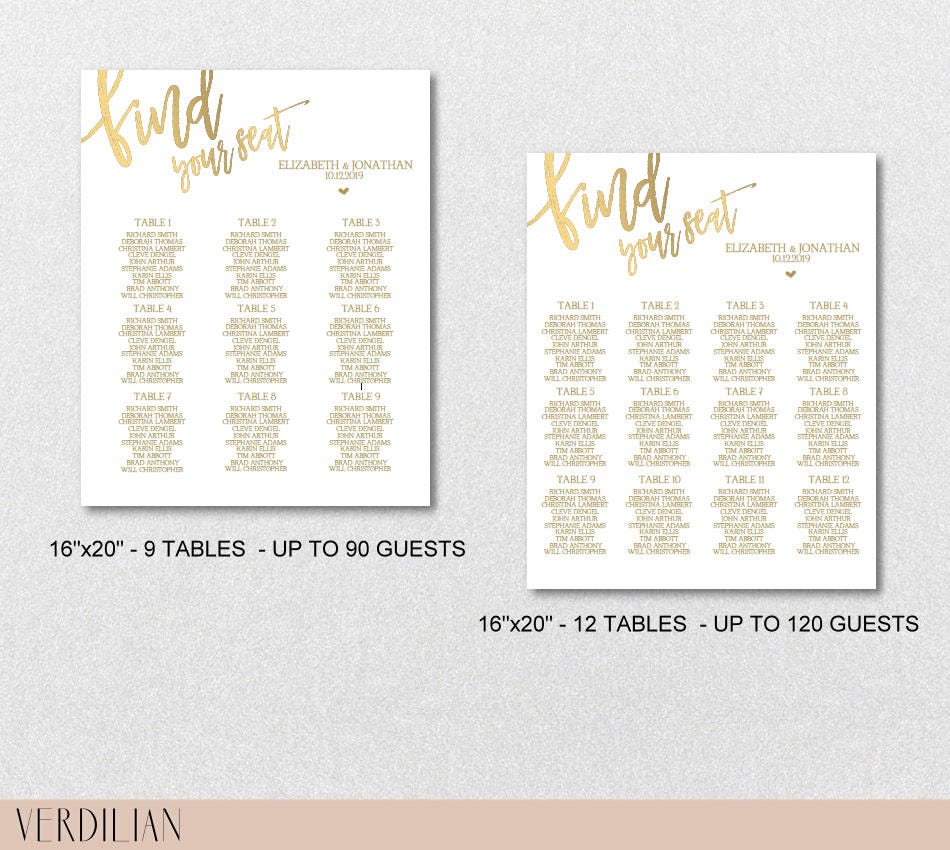 Wedding Seating Chart Printable Template 7 Versions Gold | Etsy