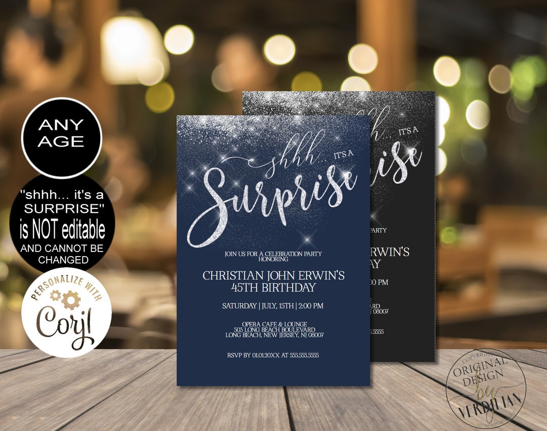 Navy Silver Surprise Birthday Invitation, Surprise Party Invitation ...