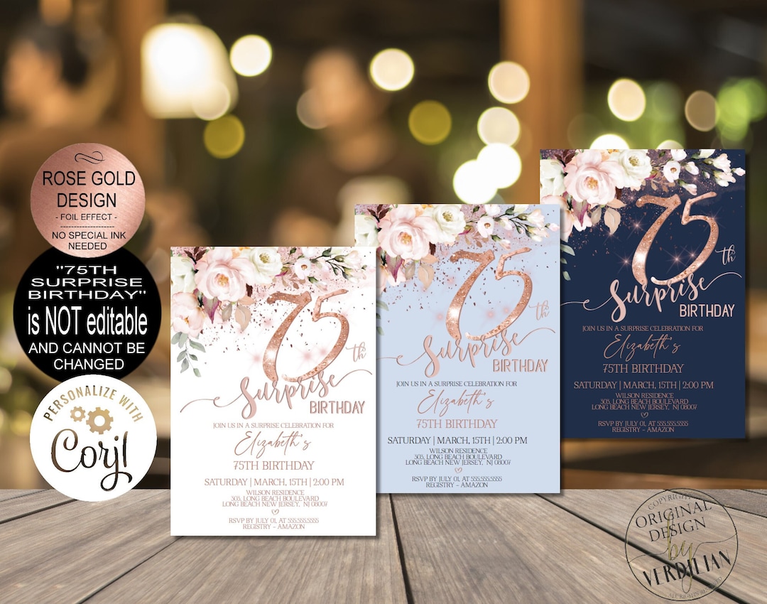 Surprise 75th Birthday Invitations for Women Vintage Blue Rose Gold ...