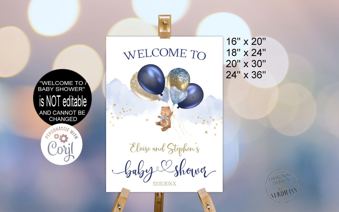 Teddy Bear Blue Gold Baby Shower Welcome Sign Template, Navy Blue ...