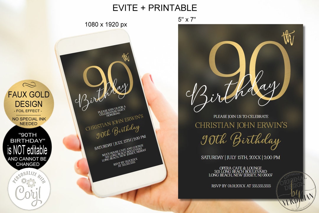 90th Birthday Invitations for Men 90th Birthday Party Invitation ...
