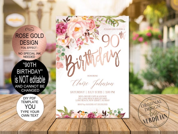 DIY 90th Birthday Invitation Template Blush Rose Gold Floral Etsy