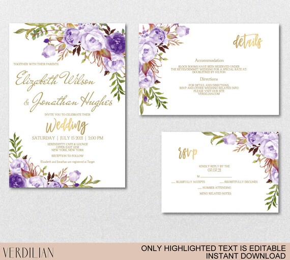 Purple And Gold Wedding Invitations Template Wedding Invitations