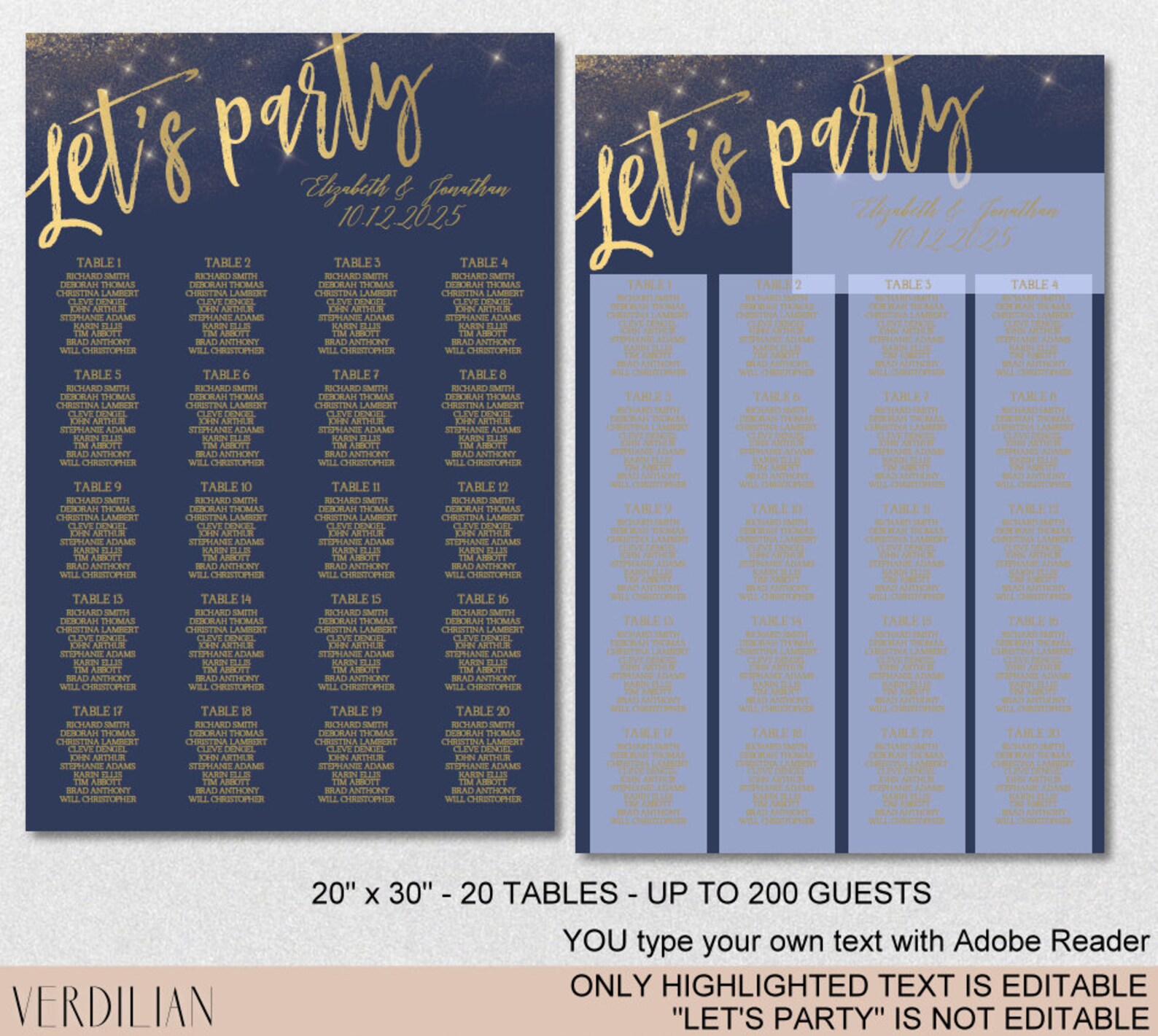 DIY Wedding Seating Chart Printable Template 7 Versions Navy | Etsy