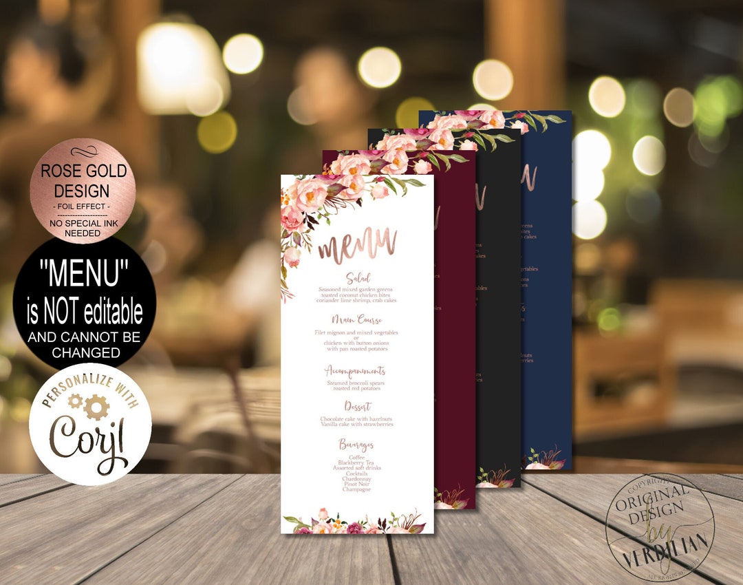 Birthday Menu Rose Gold Floral Wedding Menu Template Printable Menu ...