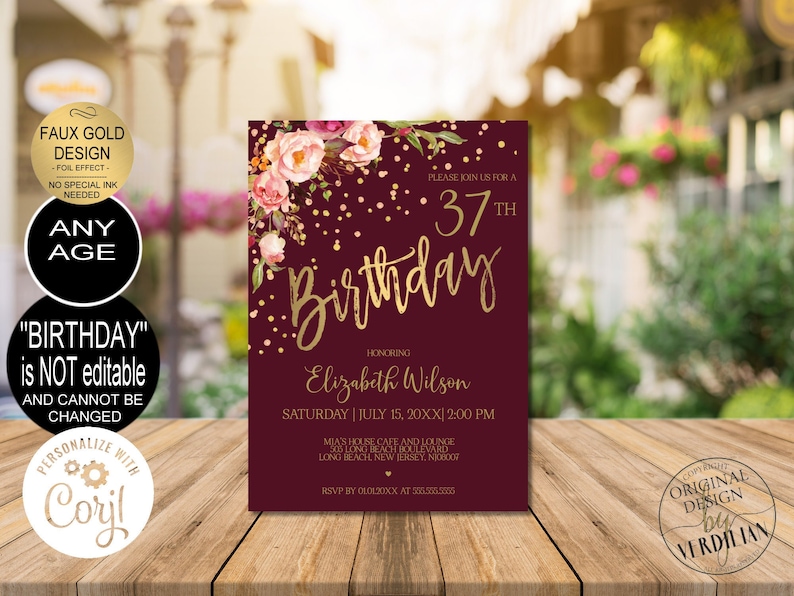 Burgundy Birthday Invitation Printable Digital Editable - Etsy