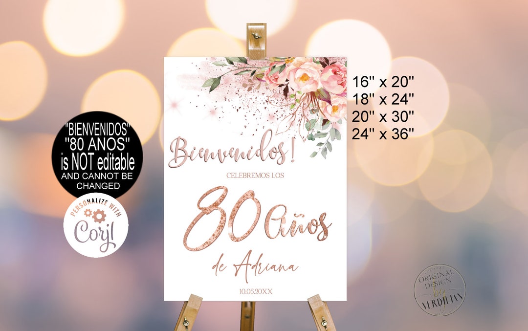 Spanish 80th Birthday Party Welcome Sign, 80 Cumpleanos Rose Gold ...