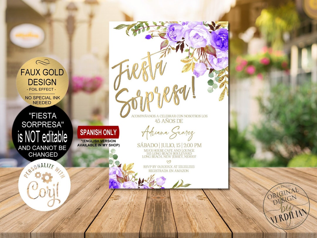 Spanish Birthday Invitation for Women, Fiesta Sorpresa Purple Gold ...